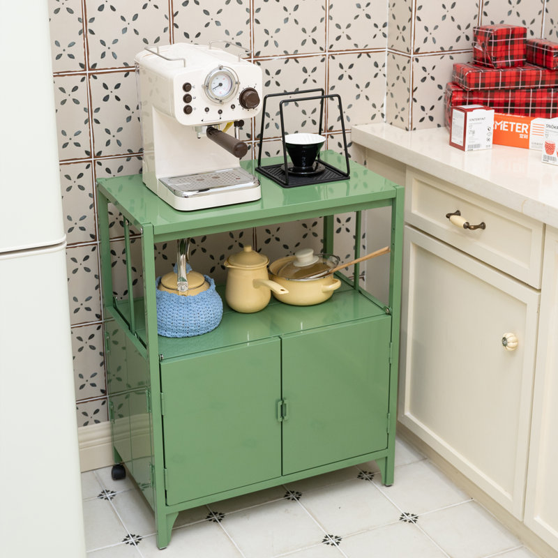 Ebern Designs Accent 23.6’’ Wide Foldable Metal Double Layer Cabinet with Wheels Easy Assemble ...